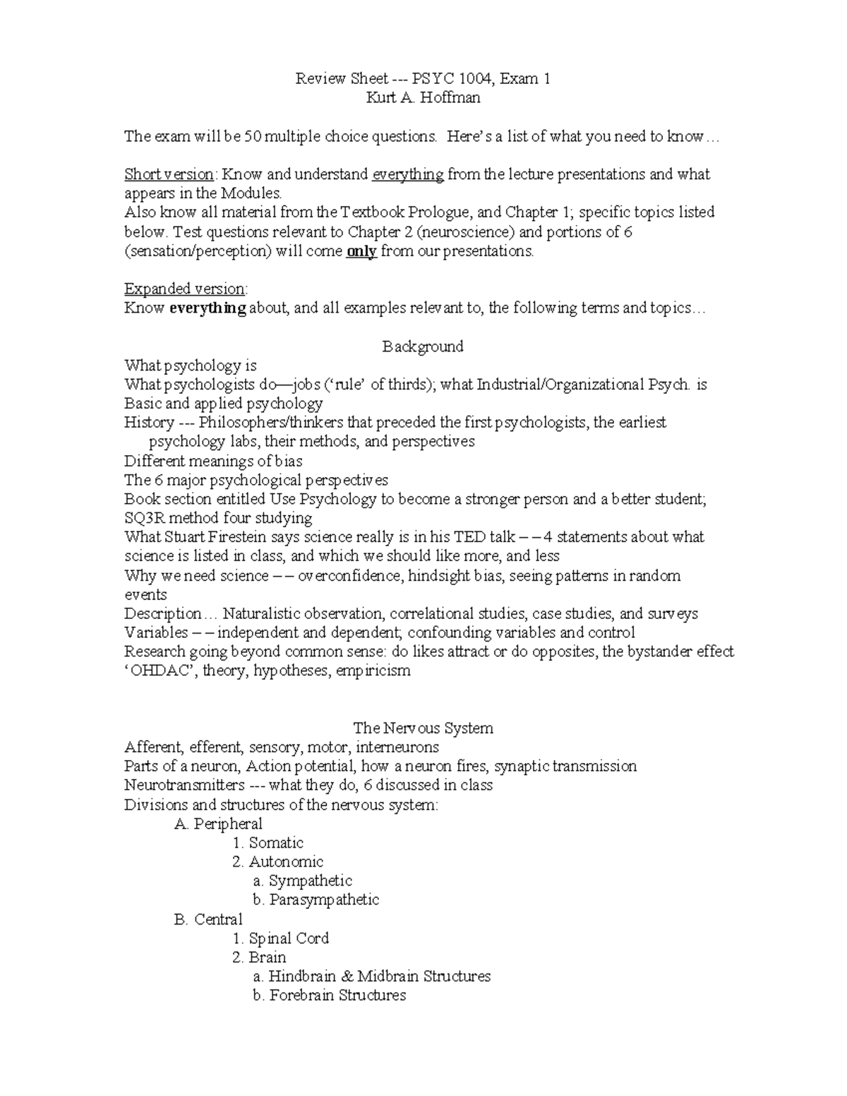 Exam 1 Review Sheet for PSYC 1004 - Key Topics and Concepts - Studocu