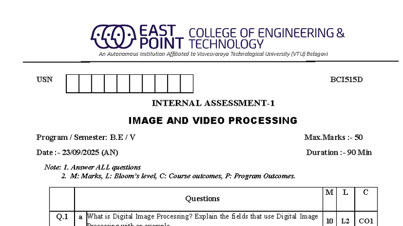 BCI515D Internal Assessment 1 Question Paper Set B - Notes - Studocu