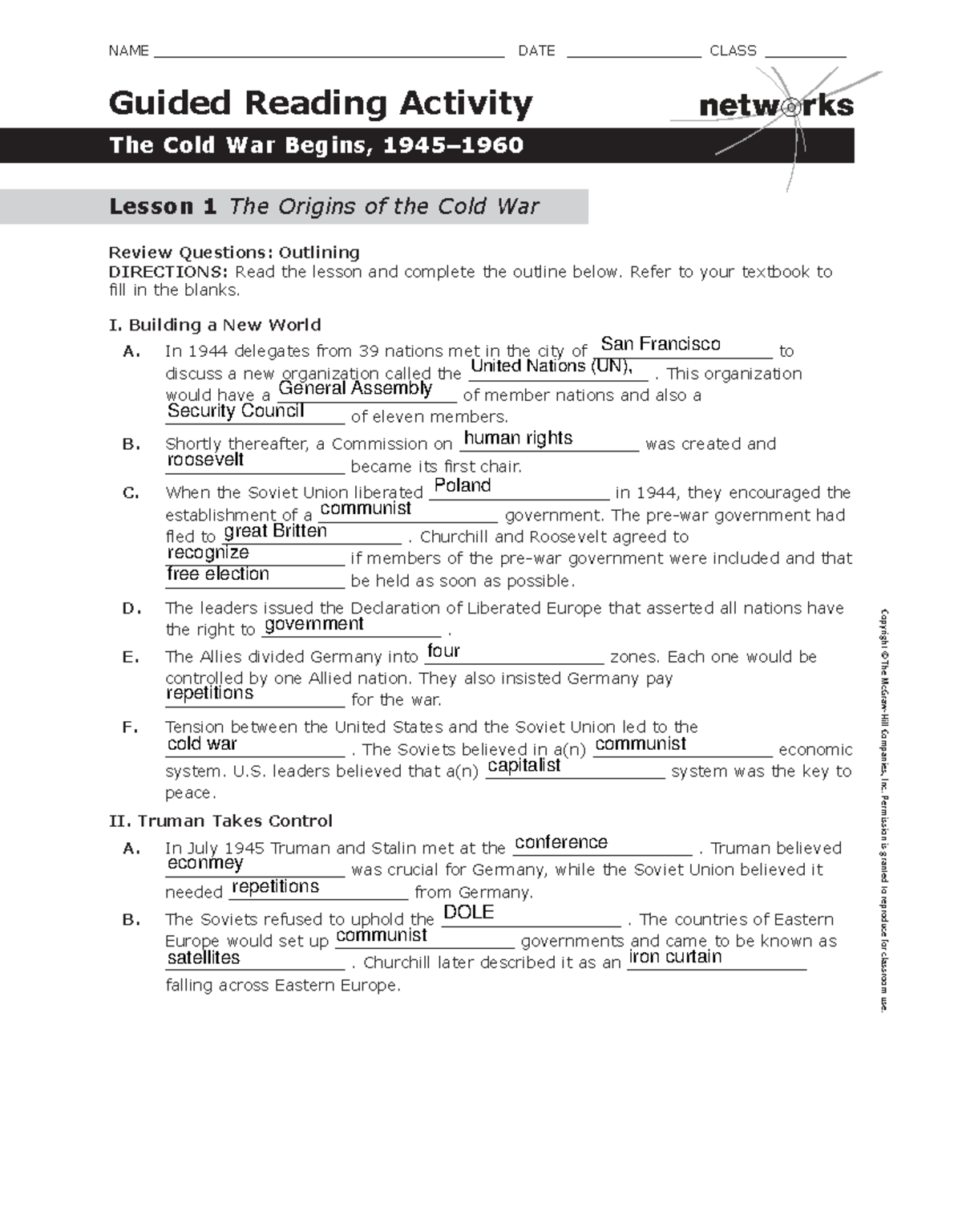 MH GR 22-1 Guided Reading Activity: The Cold War Begins, Lesson 1 - Studocu