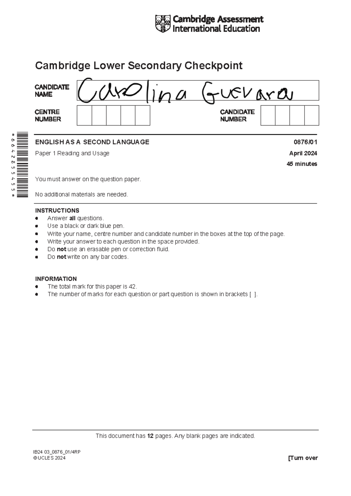 Cambridge Lower Secondary Checkpoint ESL Paper 1 Reading & Usage April ...