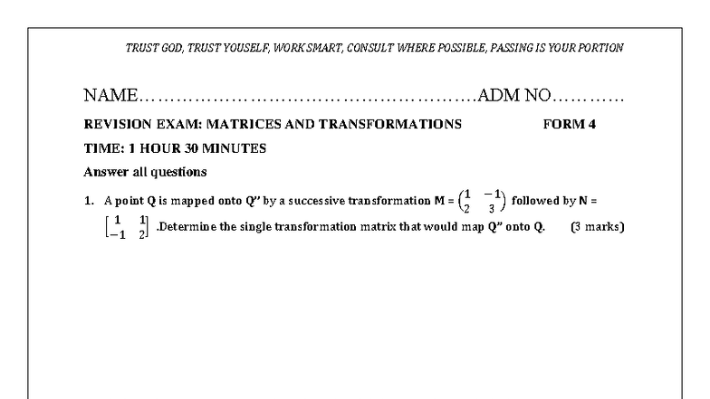 KCSE Revision: Matrices & Transformations Exam Notes - Studocu