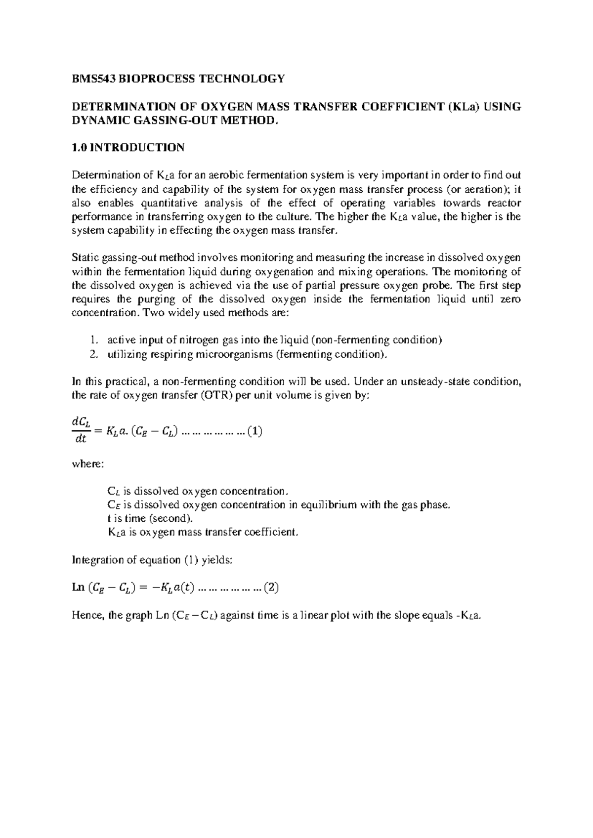 BMS543 20244 KLa Determination Using Dynamic Gassing-Out Method - Studocu