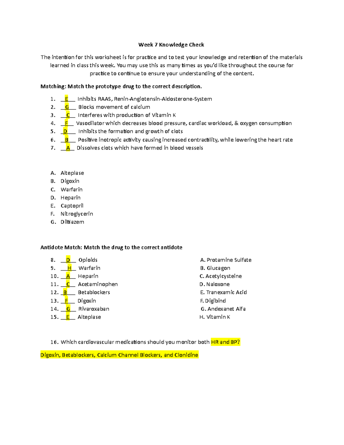 Week 7 Knowledge Check: Practice Answers and Drug Matching - Studocu