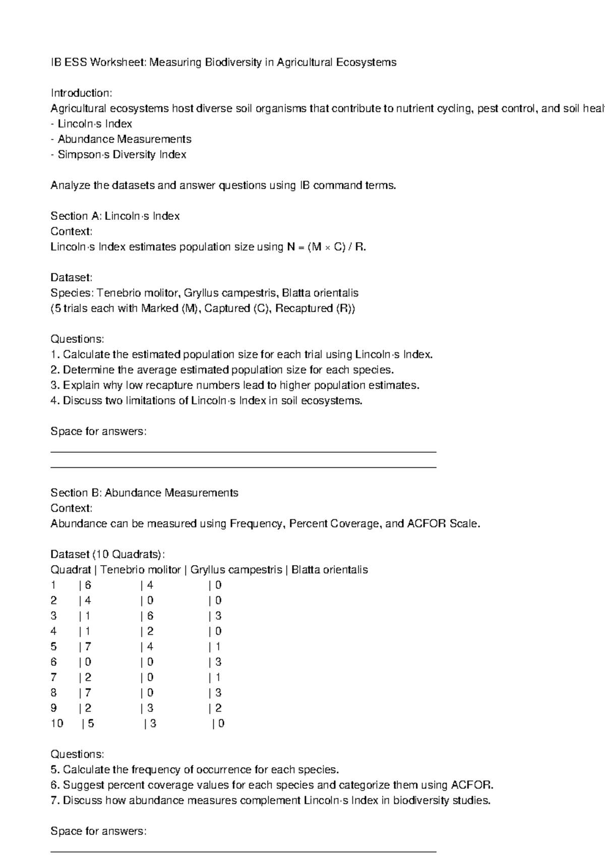 IB ESS Worksheet: Measuring Biodiversity in Agri Ecosystems - Studocu