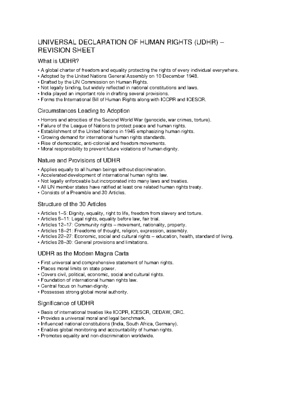 UDHR Revision Sheet: Understanding Human Rights Framework - Studocu
