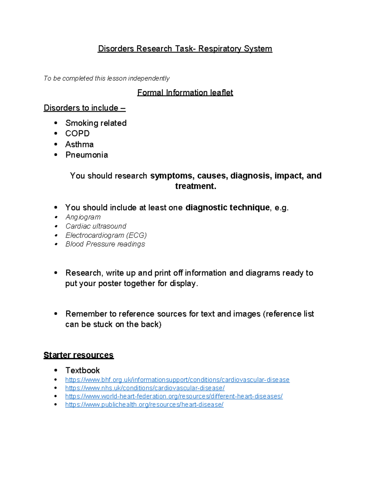 Disorders Research Task - You should include at least one diagnostic ...