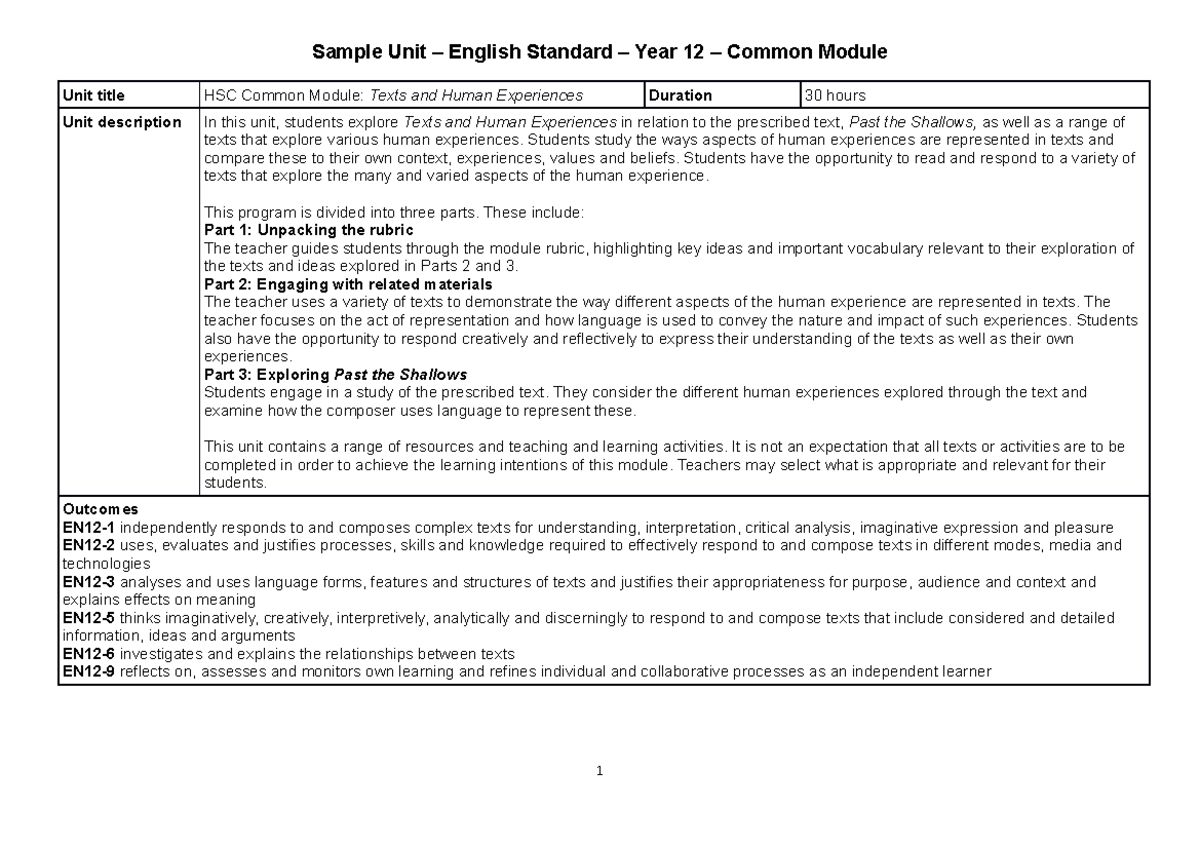 HSC EN12 Common Module: Exploring Texts & Human Experiences in 'Past ...