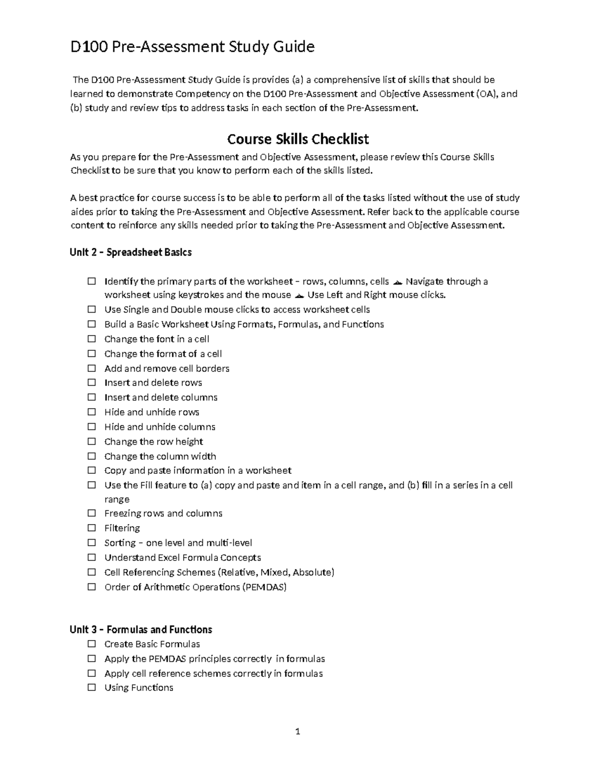 D100 Pre-Assessment Study Guide: Mastering Excel Skills - Studocu