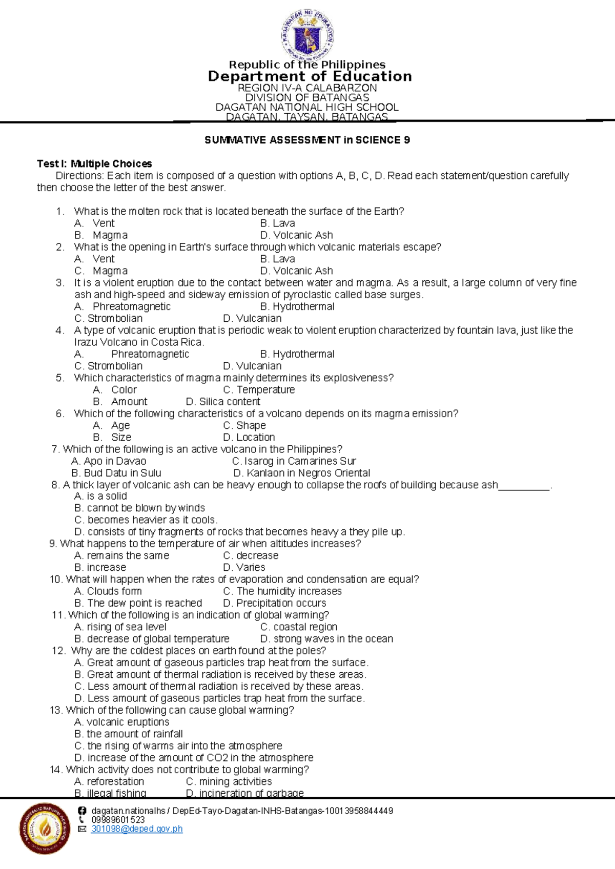 Summative Assessment: Science 9 Test I & II - Studocu