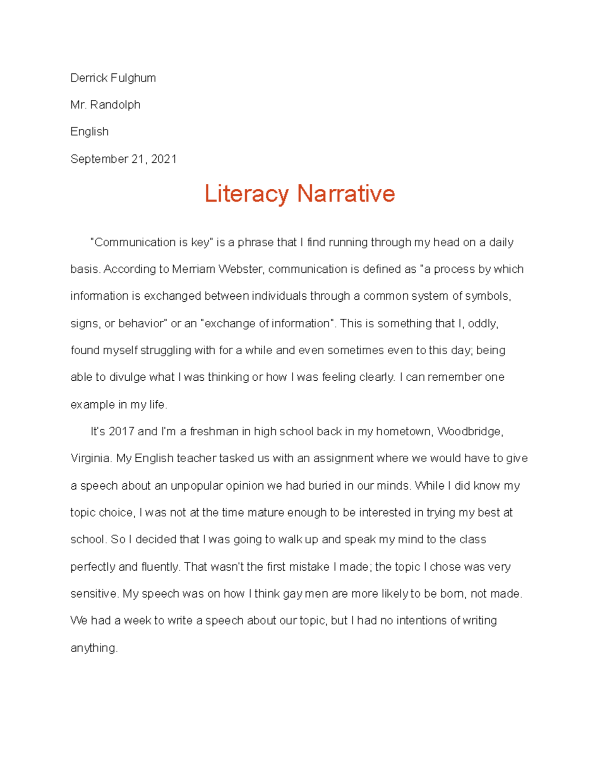 Final Draft: Literacy Narrative (ENG 101) - Reflection on Communication ...
