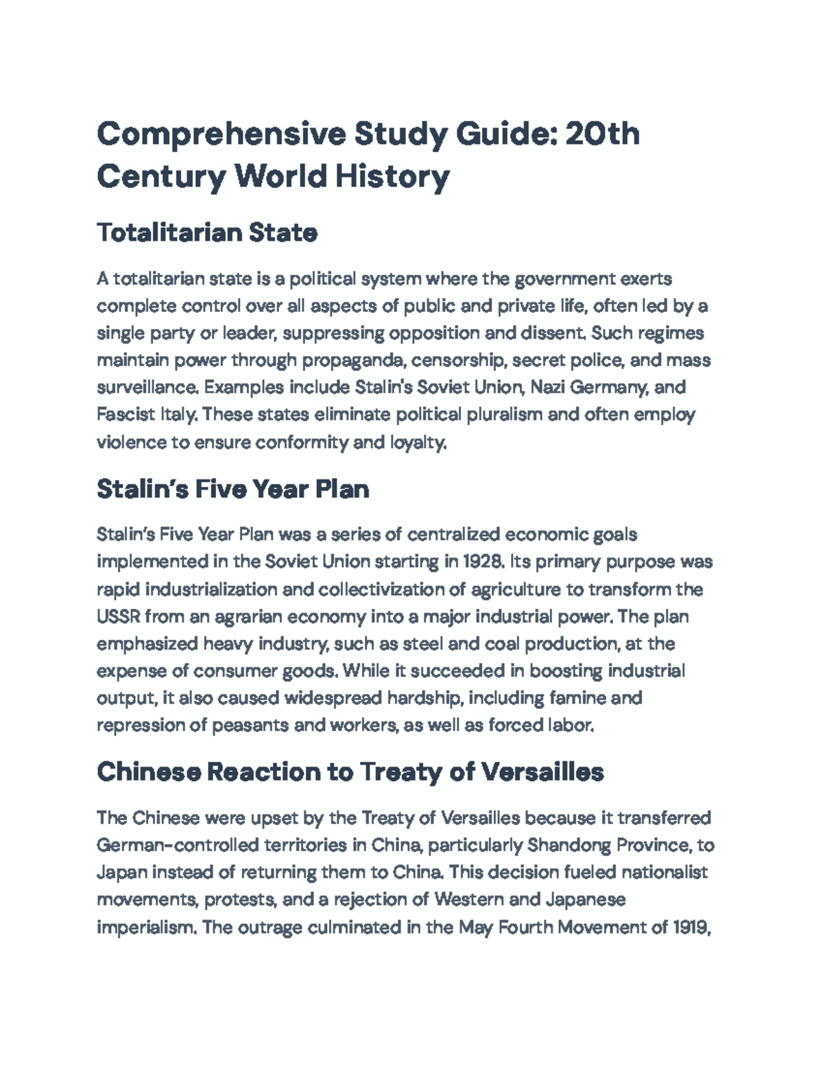 Comprehensive Study Guide: 20th Century World History Concepts ...