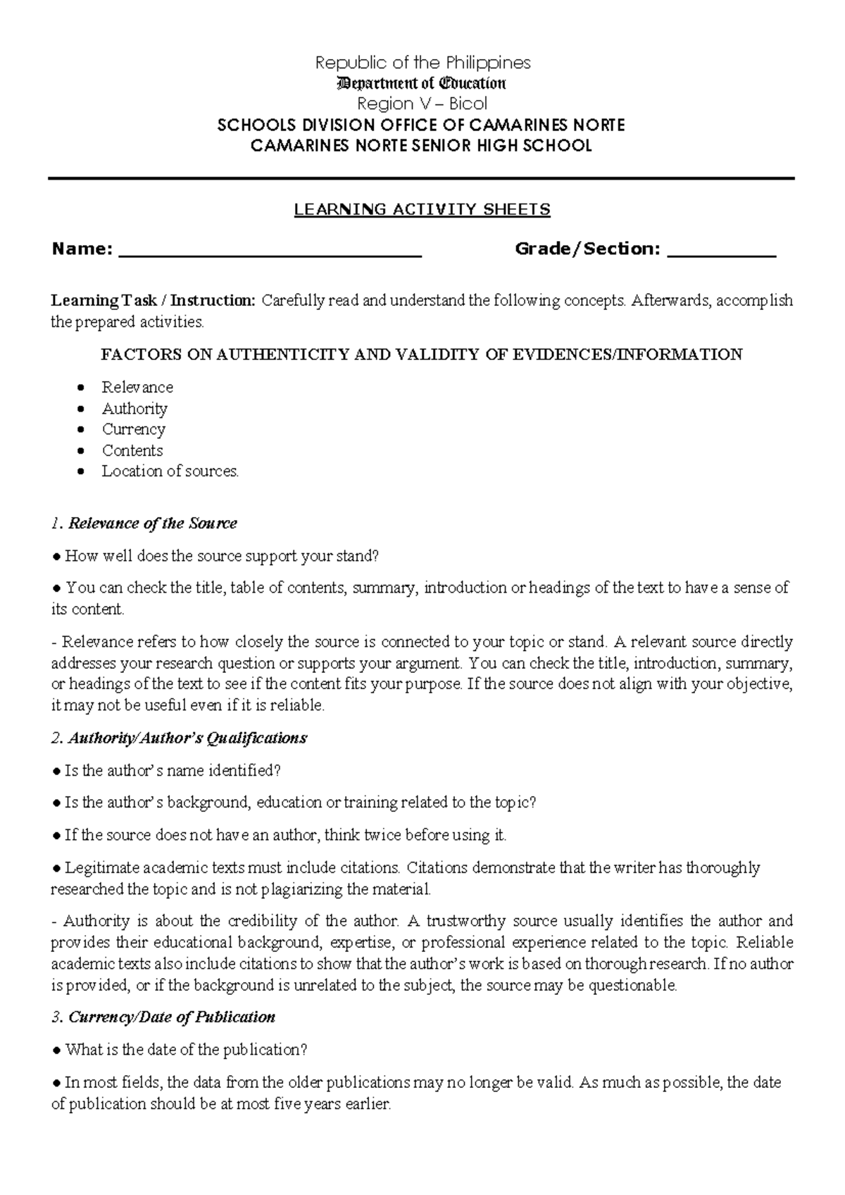 EAPP Learning Activity Sheet: Authenticity & Validity Factors - Studocu