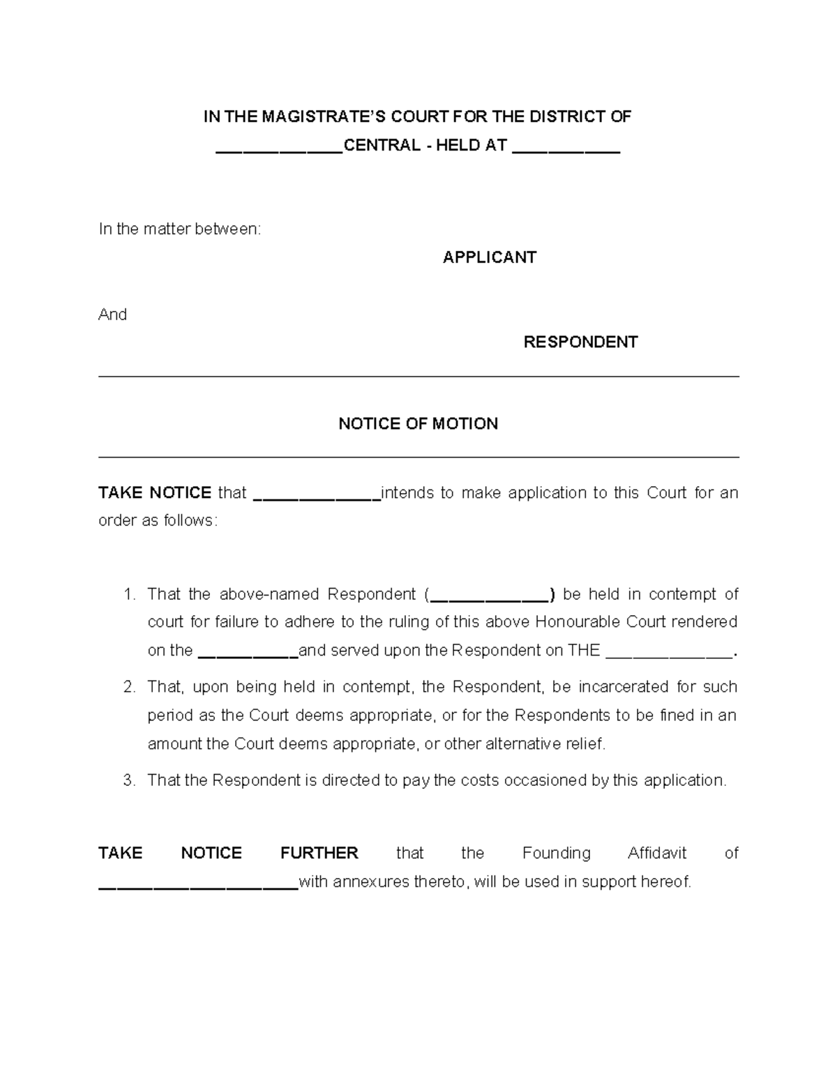 Contempt of Court Application Pro Forma Template for Magistrate's Court ...