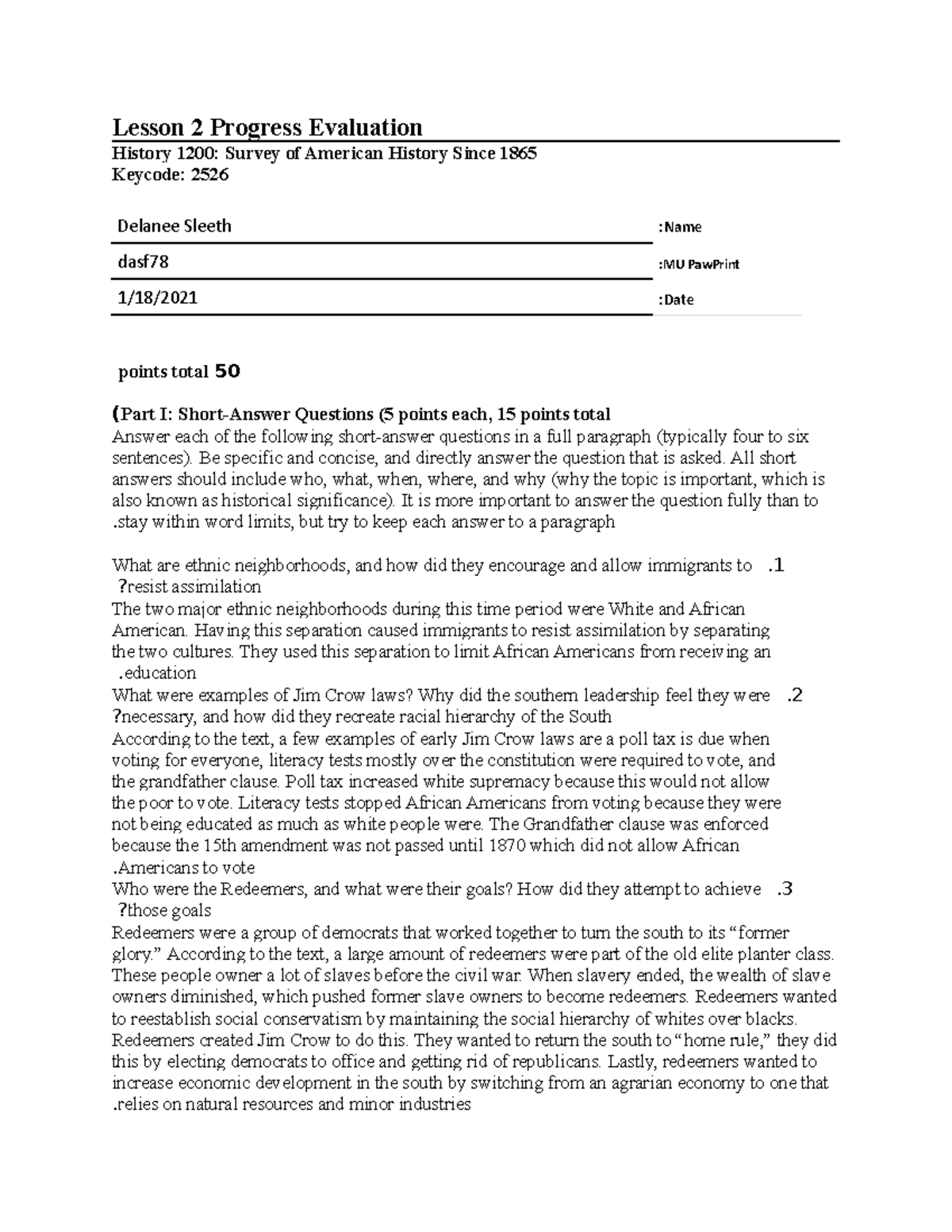 History lesson 1 and 2 - Lesson 2 Progress Evaluation History 1200 ...