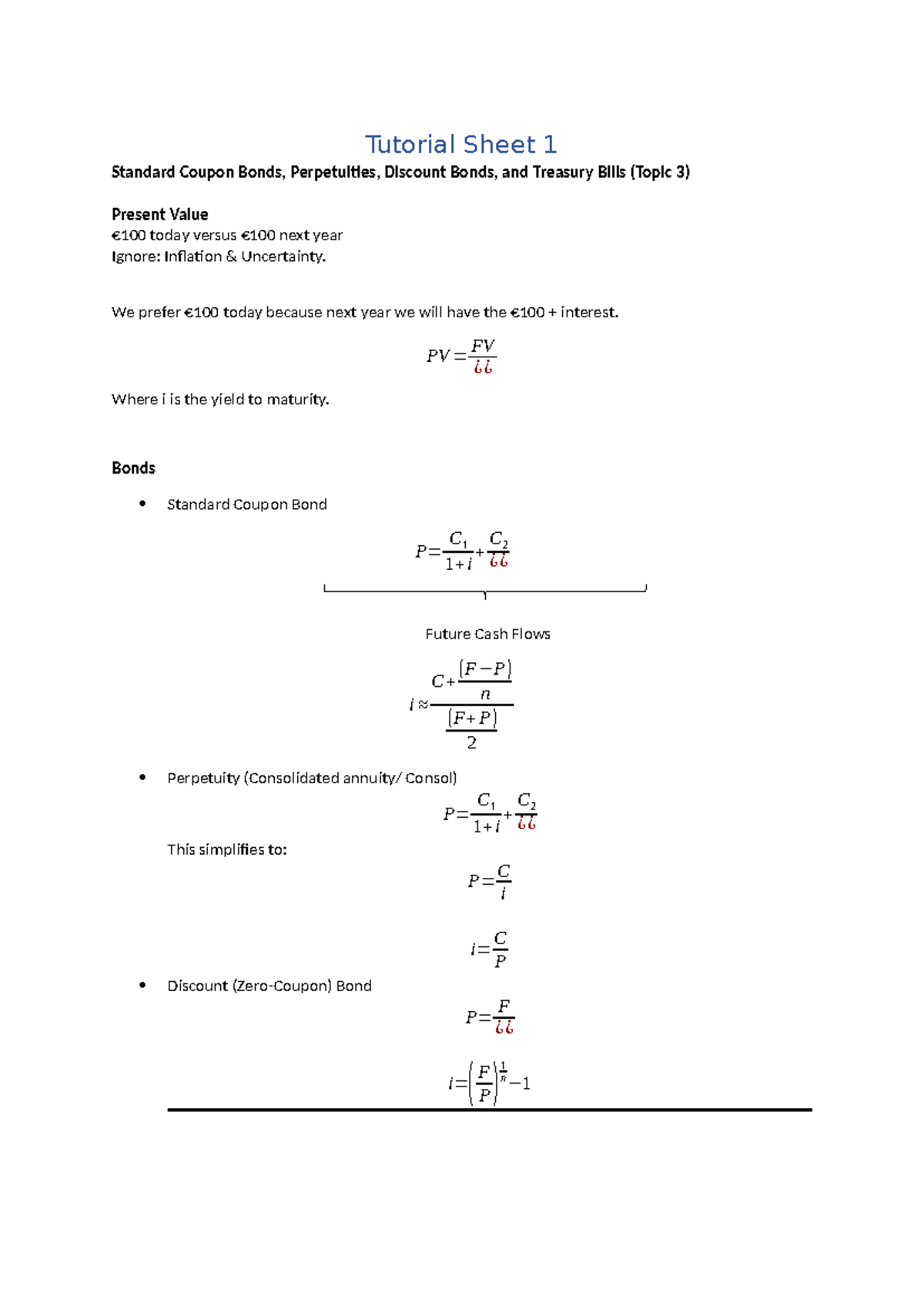 Tutorial Sheet 1: Standard Coupon Bonds & Present Value Analysis (M&B 101) - Studocu