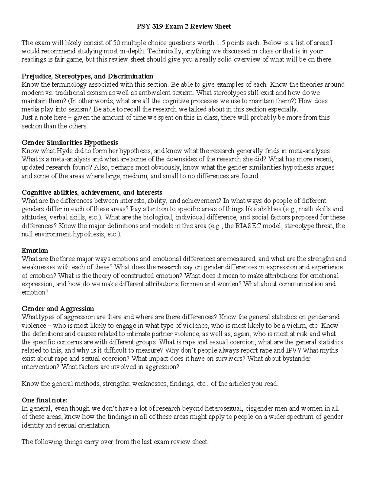 PSY 319 Exam 2 Review Sheet: Key Concepts in Gender Psychology - Studocu