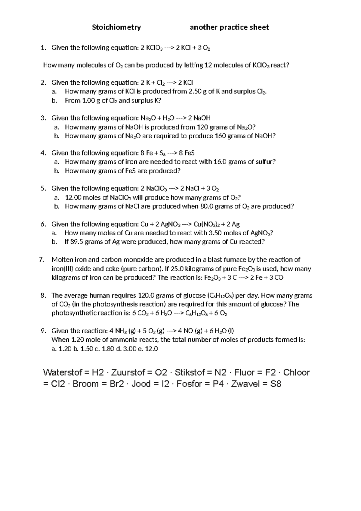 Stoichiometry Practice Sheet - Detailed Problems & Solutions - Studeersnel