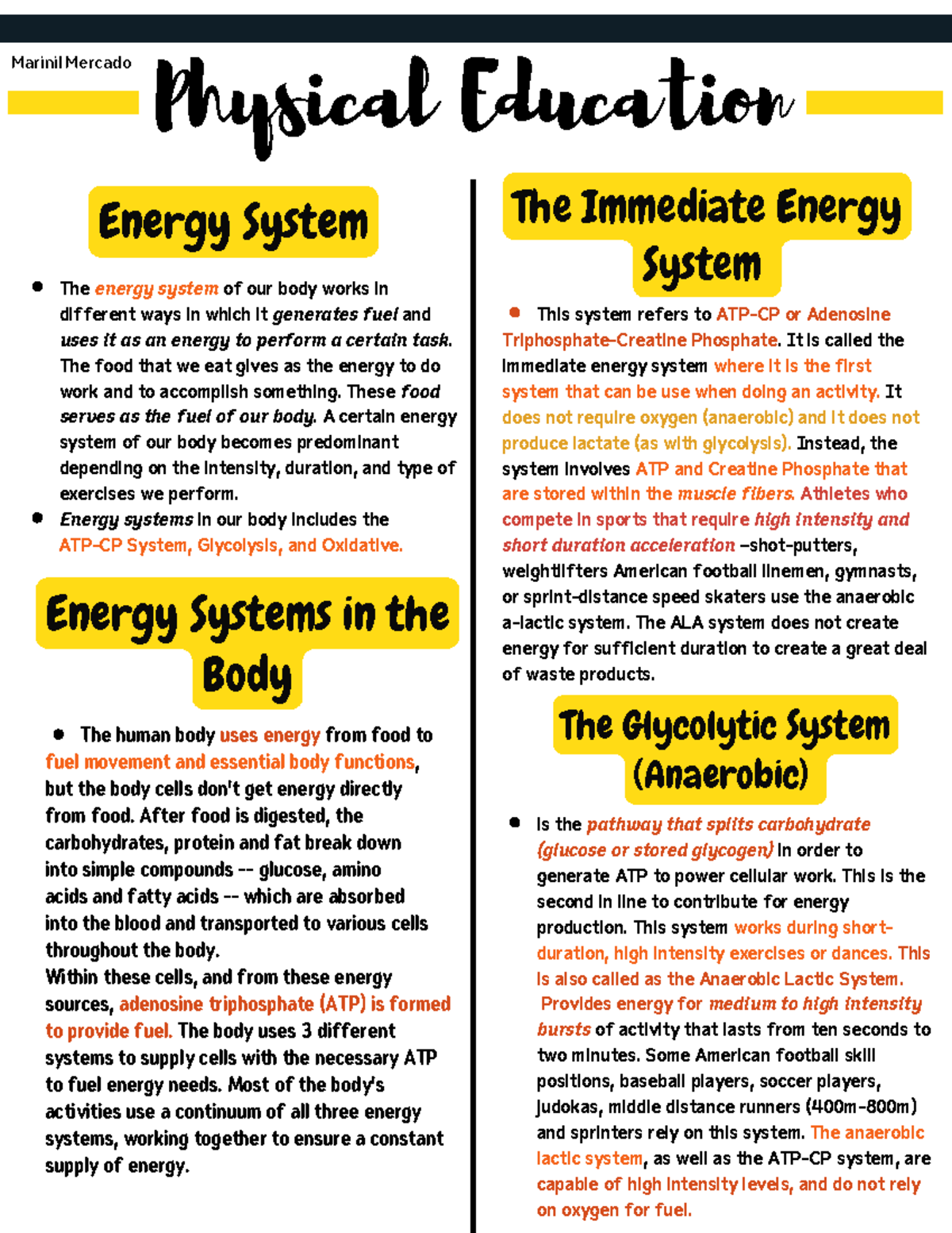 PE 101 Lecture Notes: Exploring Energy Systems in Physical Education ...