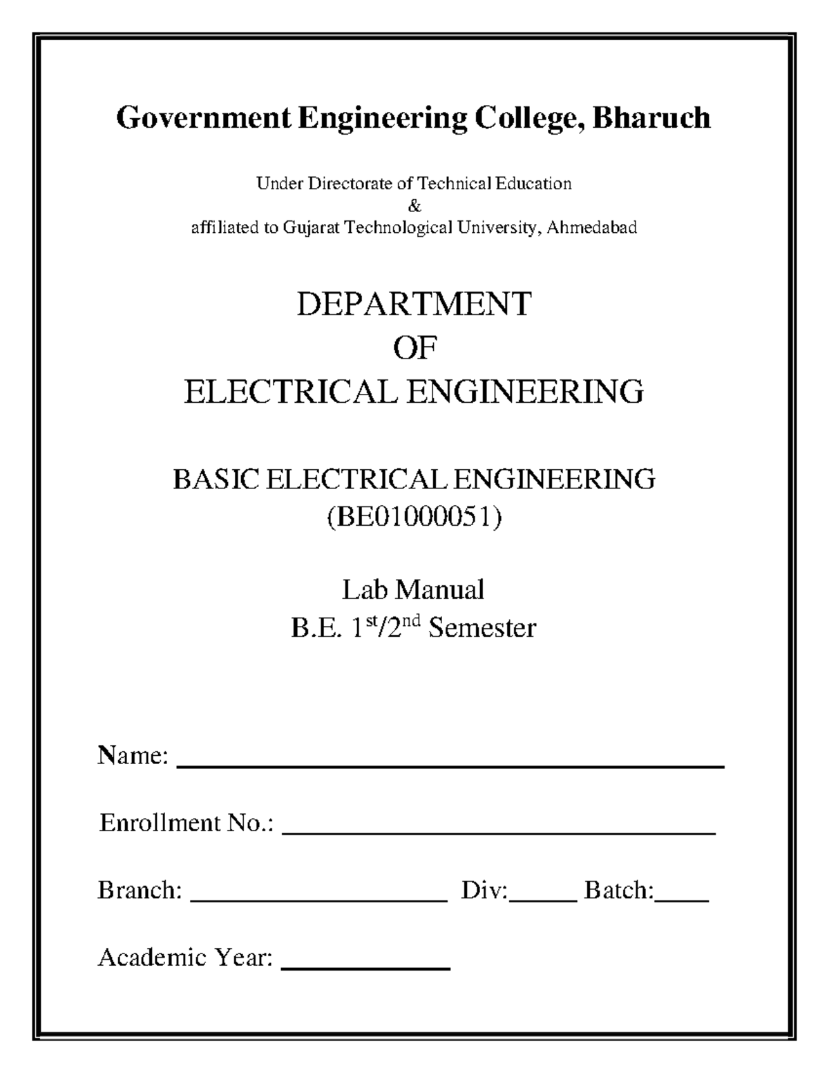 B.E. Basic Electrical Engineering Lab Manual (BE01000051) - Studocu