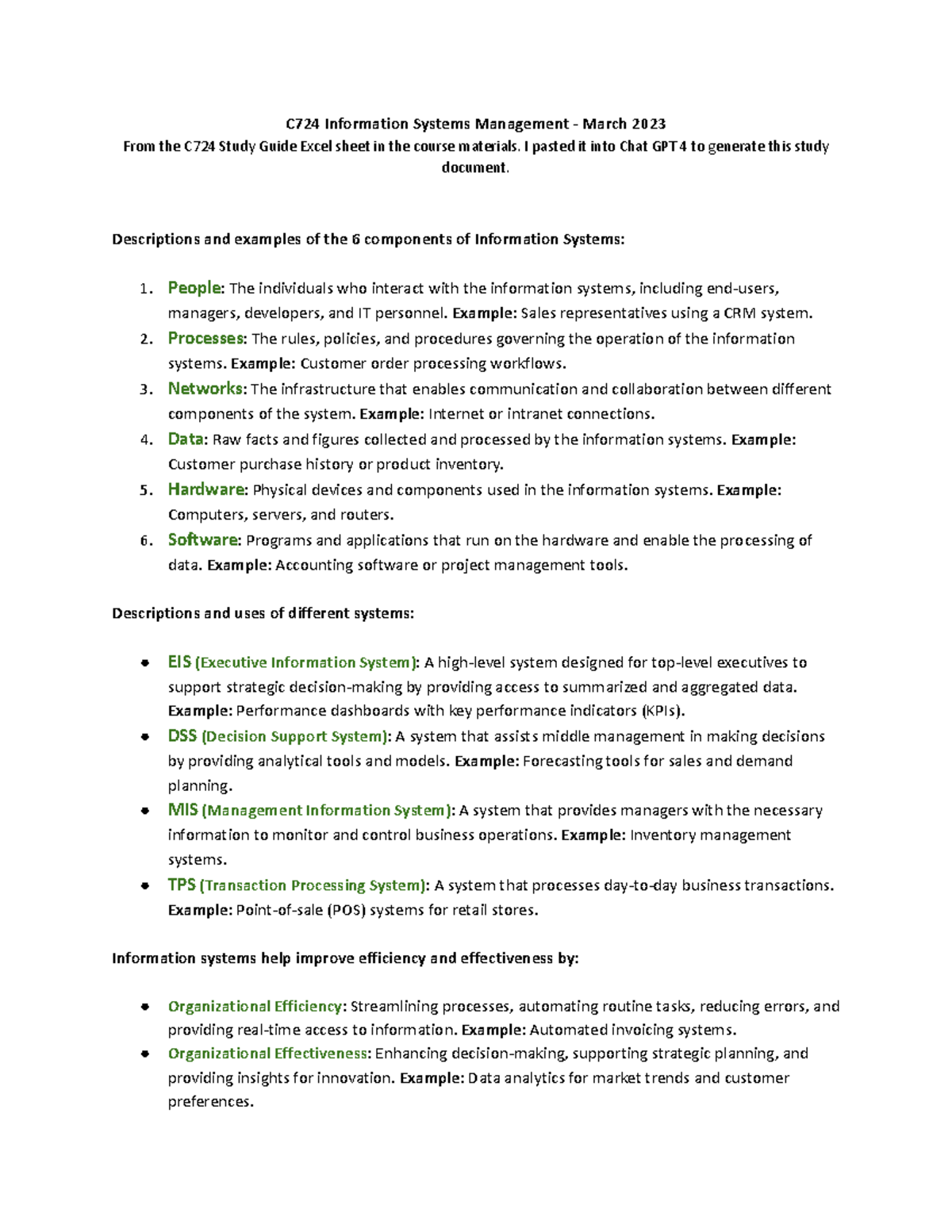 C724 Information Systems Management Study Notes - March 2023 - Studocu