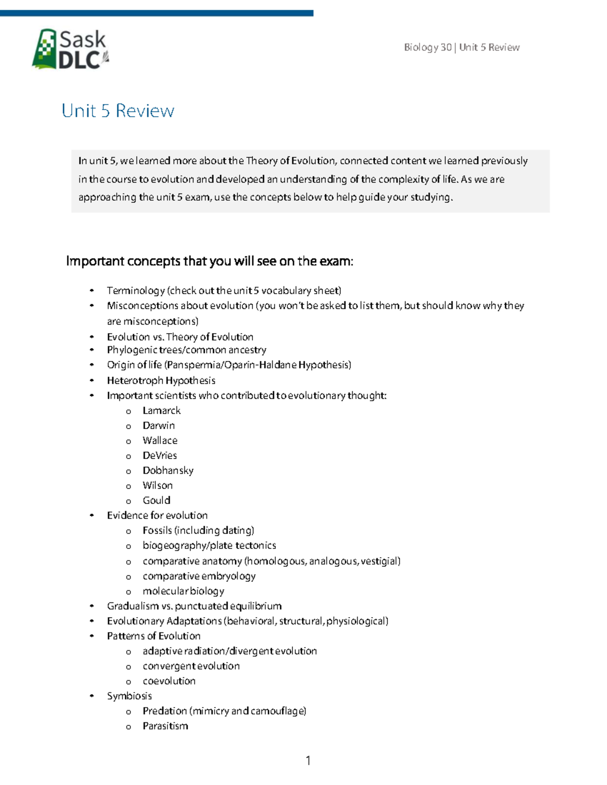 Biology 30 | Unit 5 Exam Review: Evolution, Concepts & Key Terms - Studocu