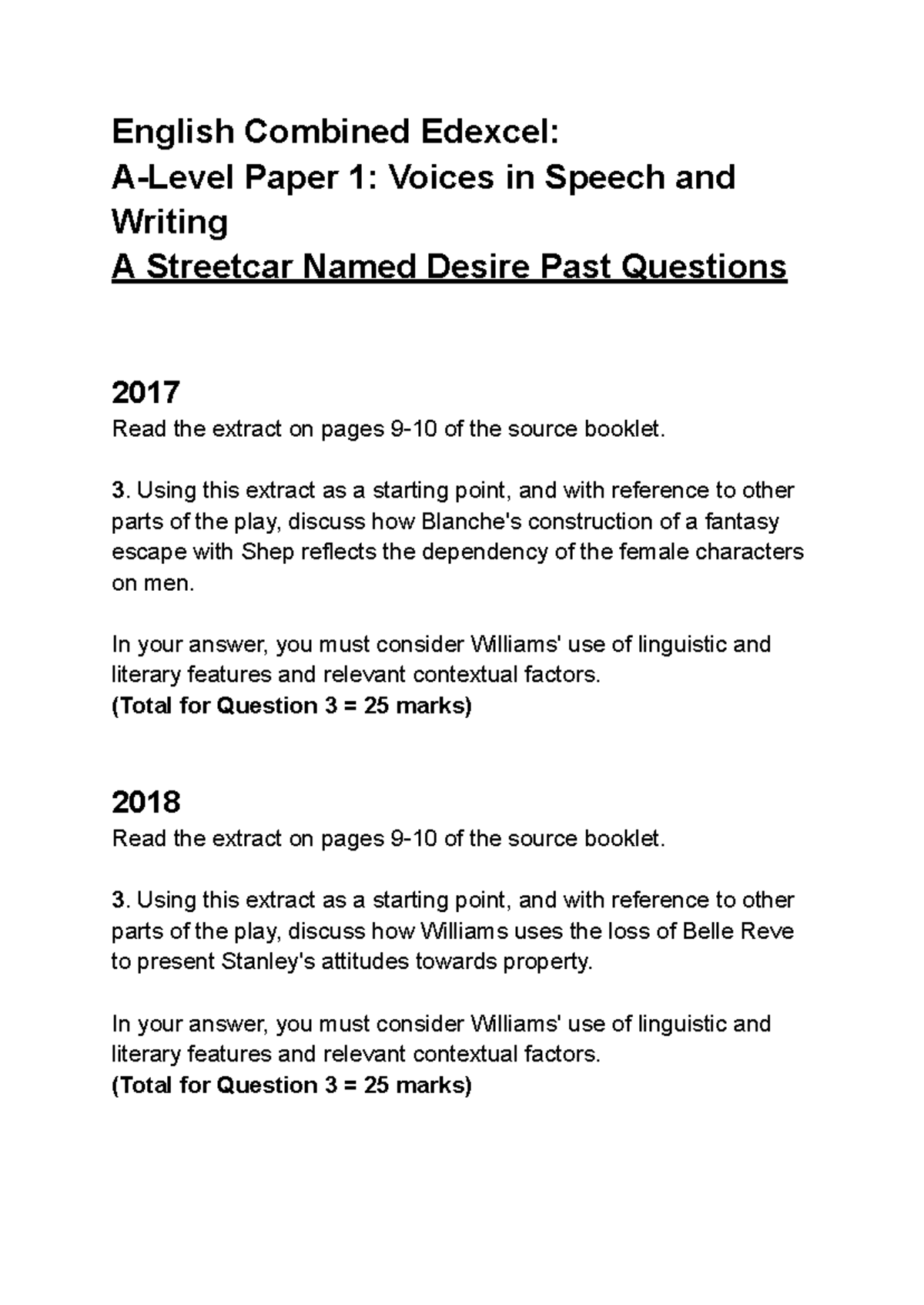 Edexcel English Combined: A Streetcar Named Desire Past Questions - Studocu
