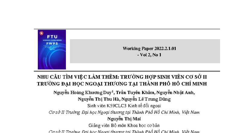 FTU Working Paper Series: Job Search Needs of Students in HCMC - Studocu
