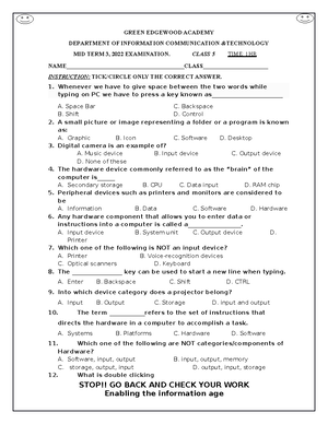 Computer Studies - Paper 1 - Question Paper - ZERAKI ACHIEVERS EXAM ...