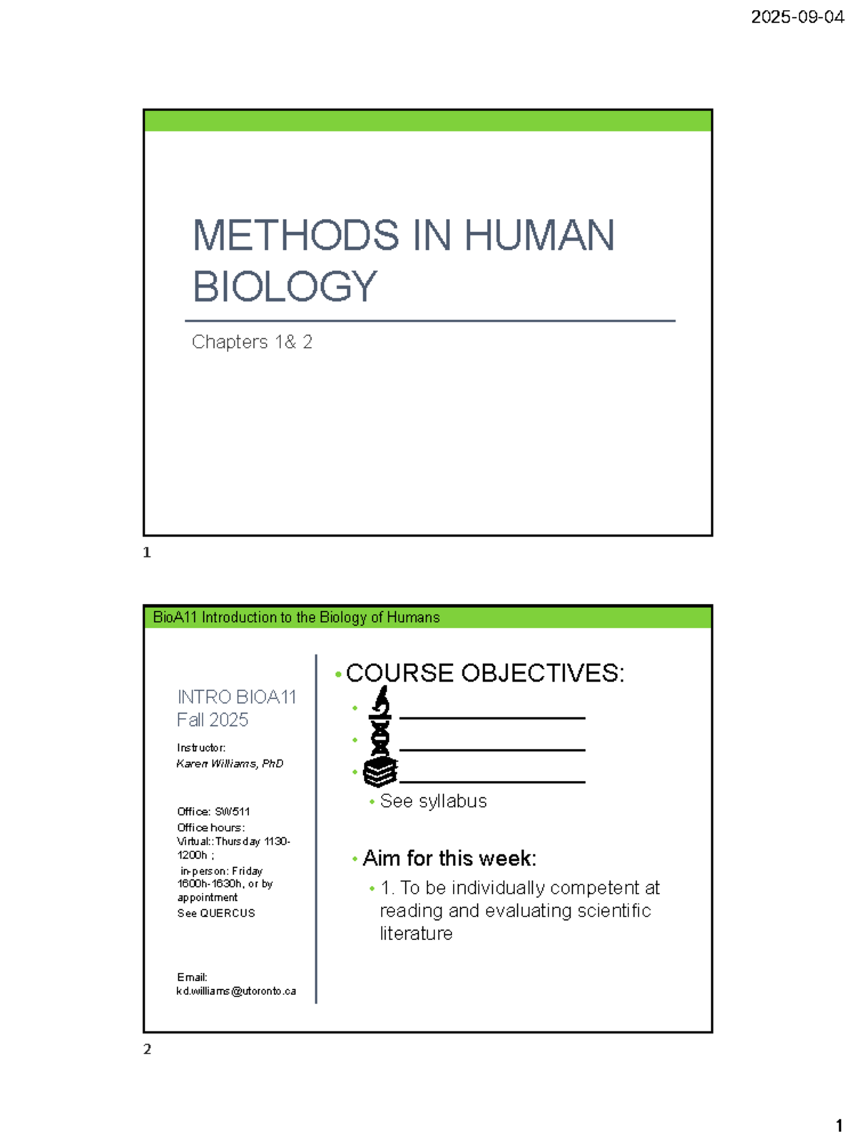 Methods in Human Biology: Lecture 1 Notes (BioA11) - Studocu