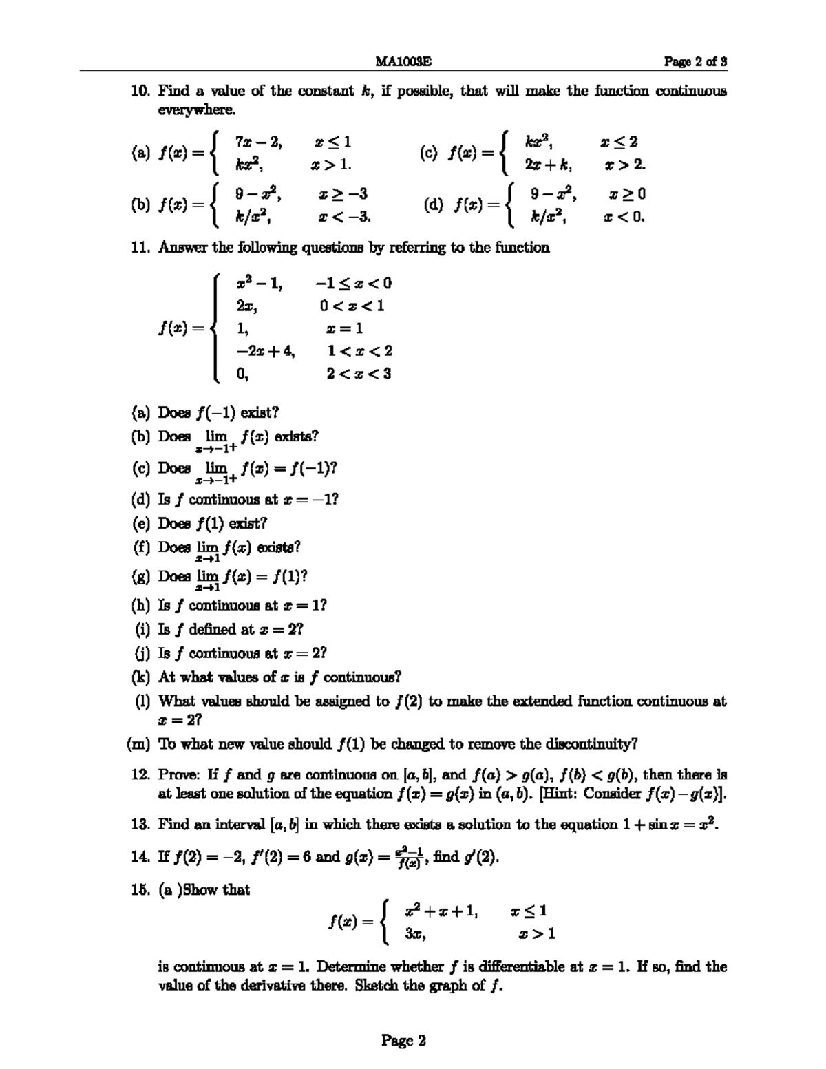 MA1003E 2025 Sem1 Maths Practice Questions on Continuity - Studocu