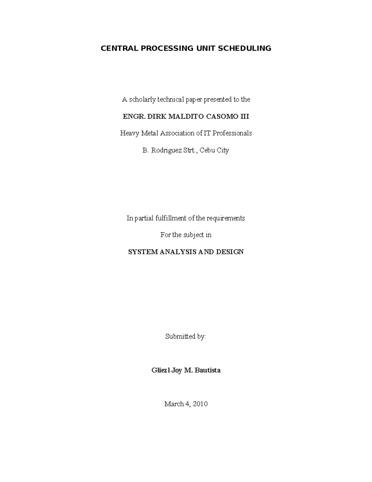 Technical Paper: CPU Scheduling in System Analysis (ENGR 101) - Studocu