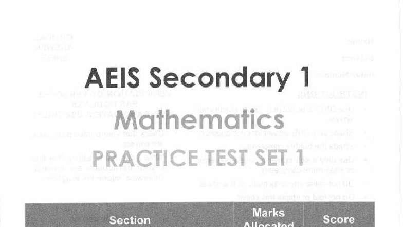 AEIS Test 1 - Sec 1 - AEIS Secondary 1 Mathematics PRACTICE TEST SET 1 ...