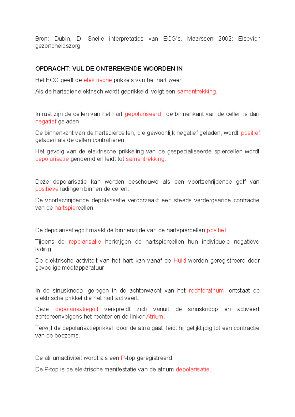 ECG Interpretatie Opdracht: Vul de Ontbrekende Woorden In - Studeersnel