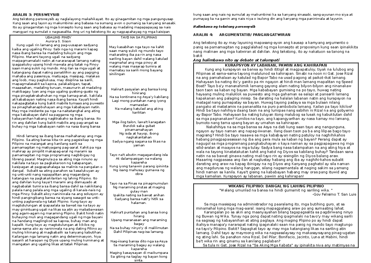 FIL- Report - Filipino tungkol sa pagbasa - ARALIN 3: PERSWEYSIB Ang ...