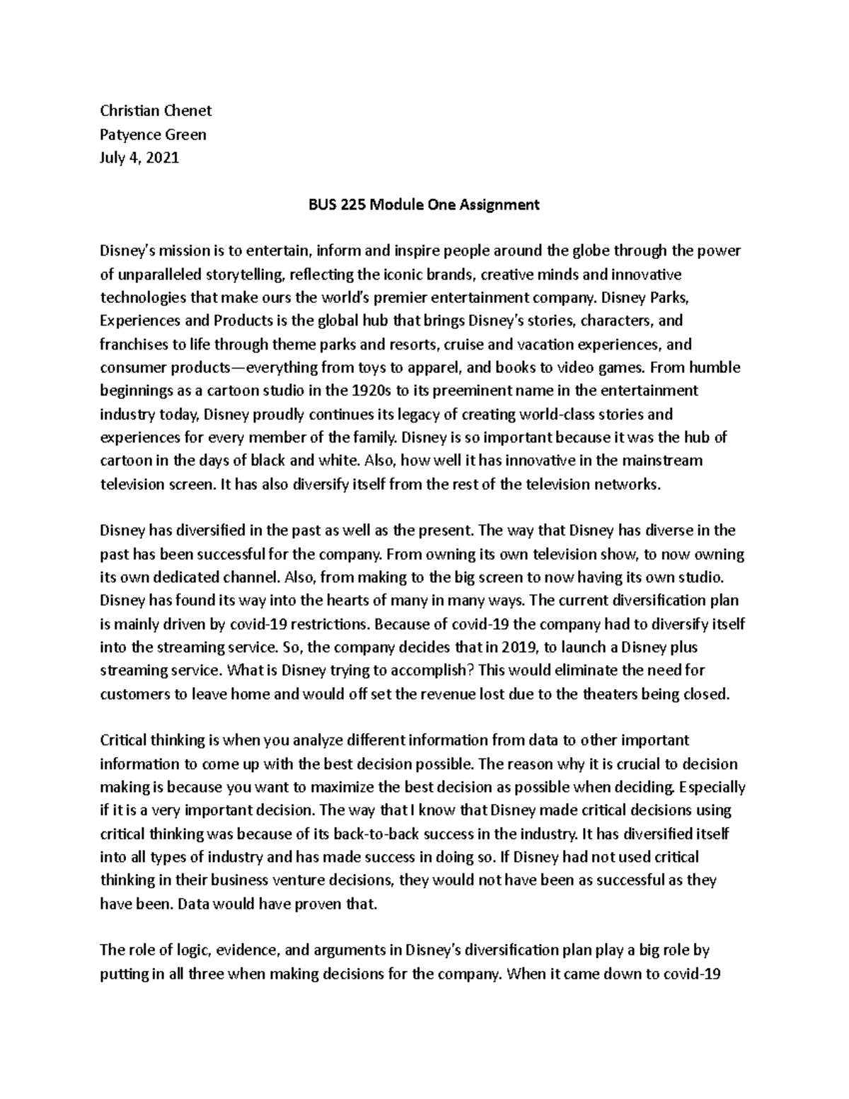 BUS225 Module One Assignment for module 1 - Christian Chenet Patyence ...