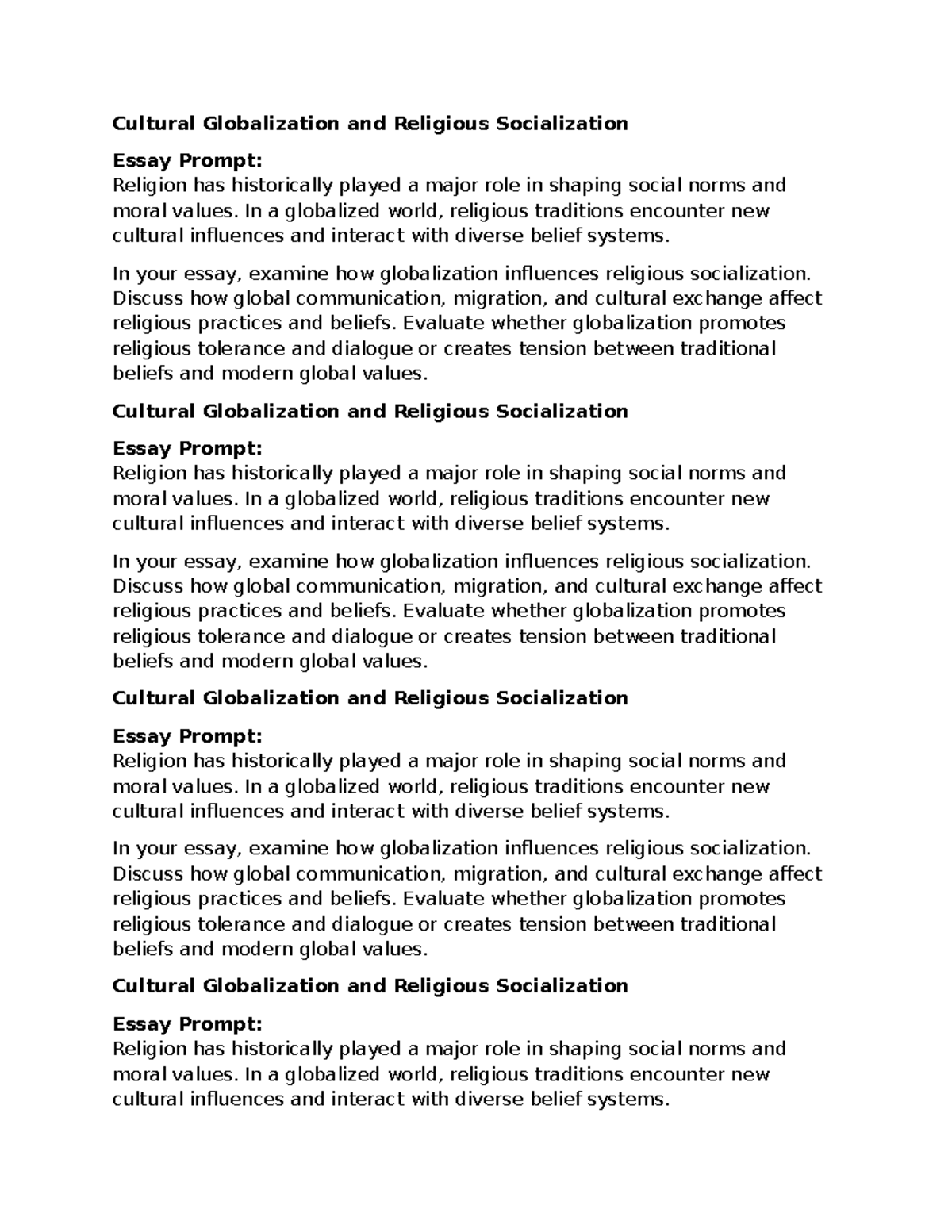Cultural Globalization & Religious Socialization Essay Analysis - Studocu