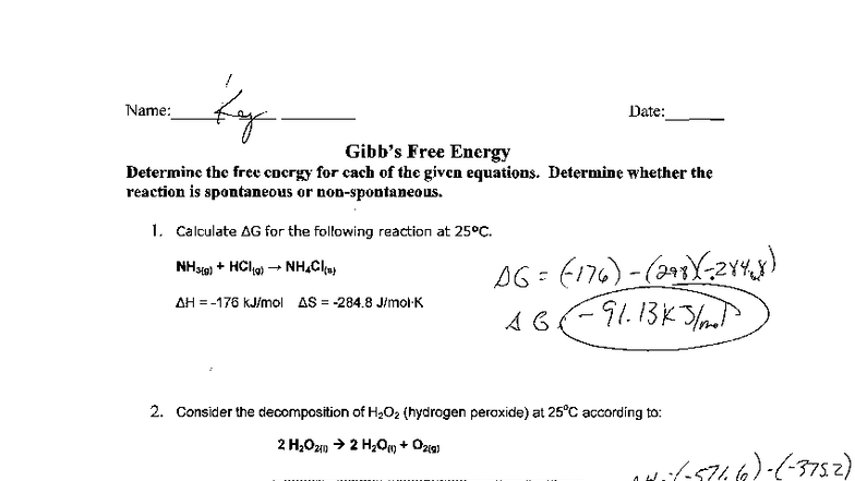 Gibbs Free Energy Answers - __~~4 ki) - (,; ?f ~ I) tj 1) ( Name:._-ji ...