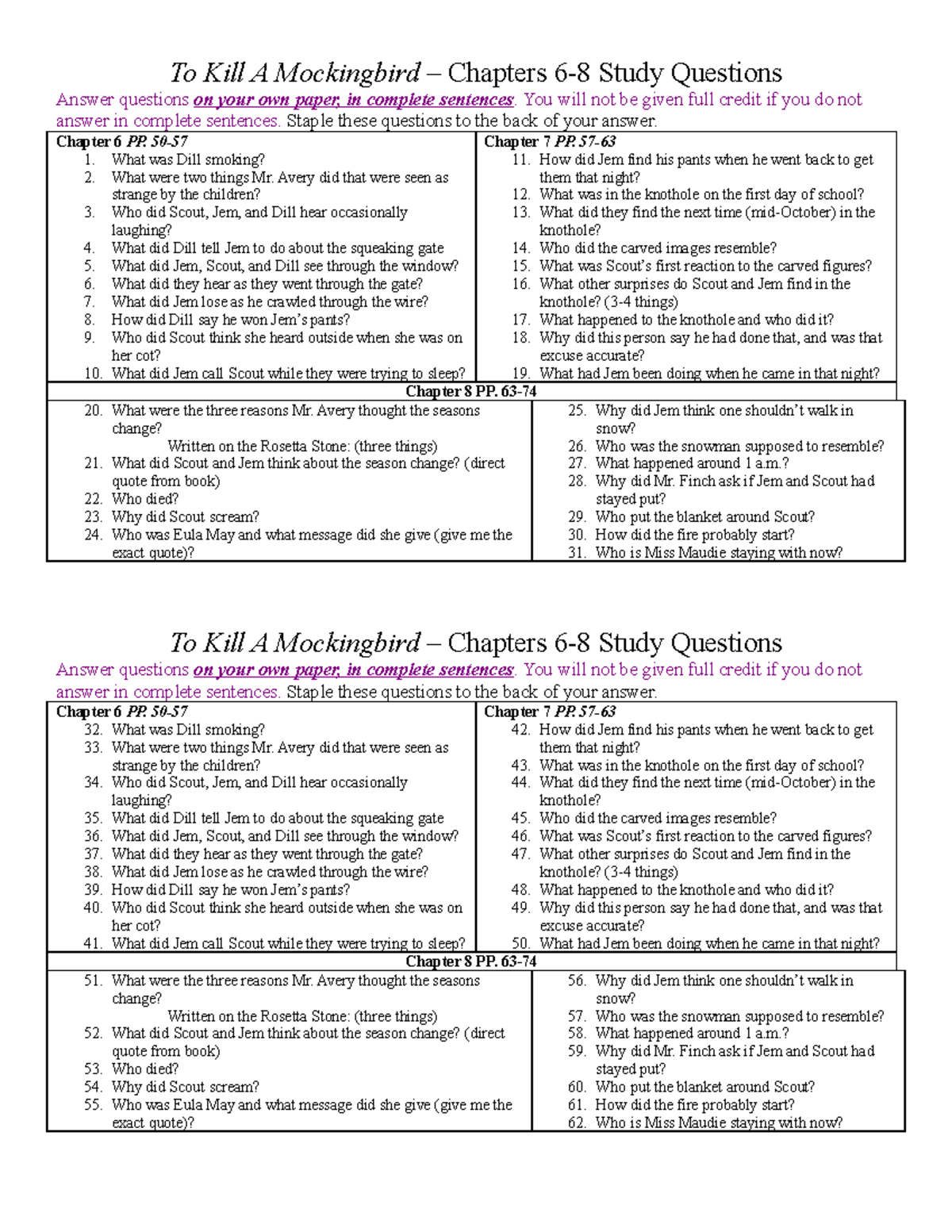 Chapter 6-8 Questions small tkam - To Kill A Mockingbird – Chapters 6-8 ...