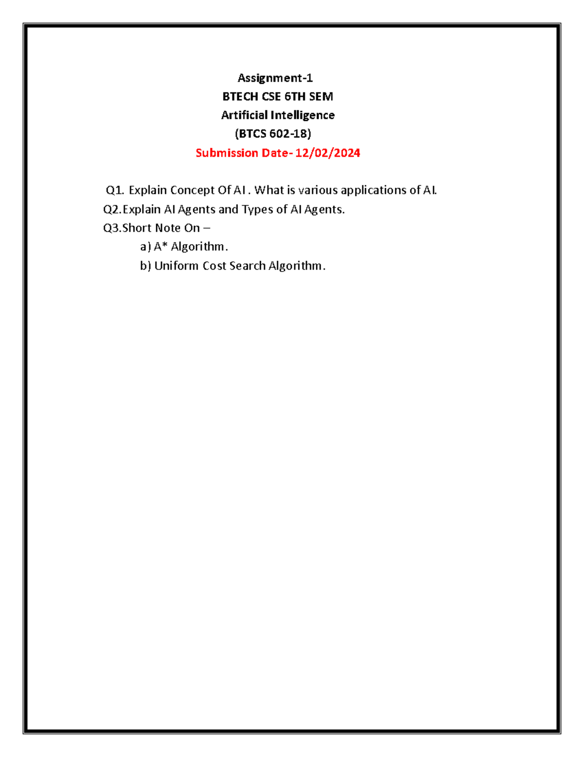 Assignment 1- Artificial Intelligence - Computer science engineering - Assignment- BTECH CSE 6TH ...