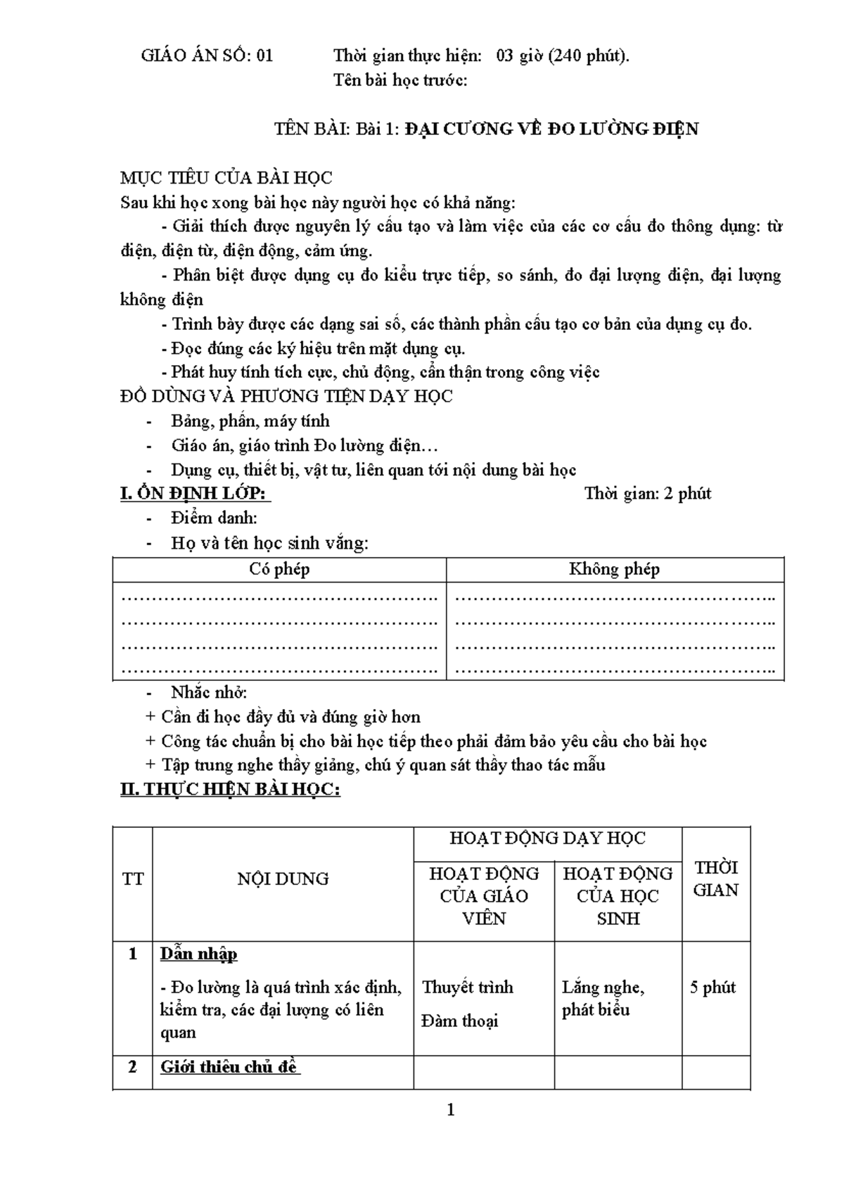 Giáo Án Đo Lường 2024: Bài 1-3 - Cơ Cấu Đo và Đo Điện Áp - Studocu