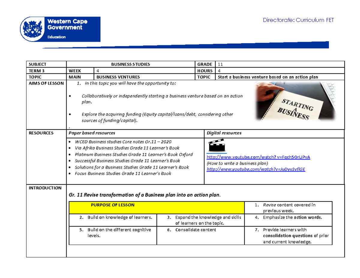 Business Studies Grade 11 Term 3 Week 4 Starting A Business Venture