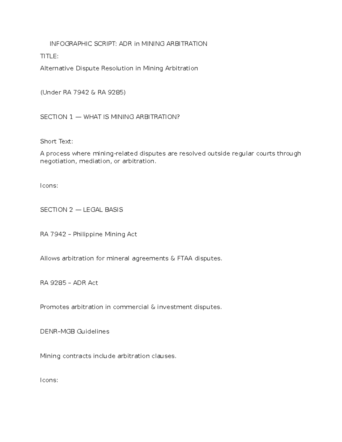 INFOGRAPHIC SCRIPT: ADR in MINING ARBITRATION (RA 7942 & RA 9285) - Studocu