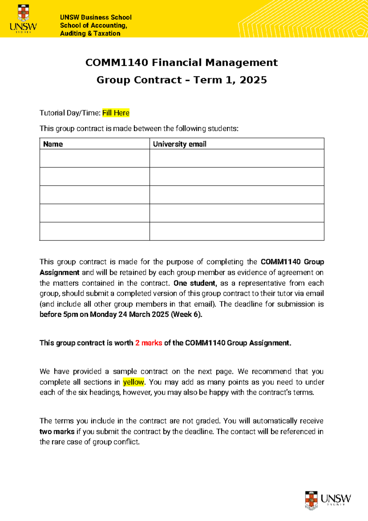 2025 T1 COMM1140 Group Assignment Contract Template - Studocu