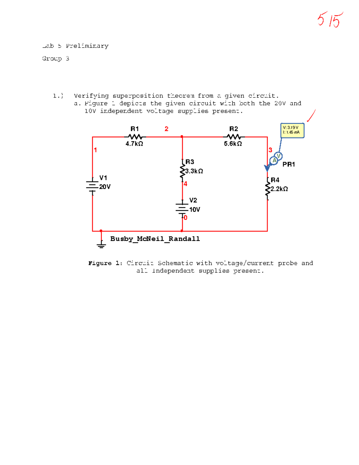 Busby mcneil randall prelab 5 - EEL 3117L - R1 2 4Ω 1 V1 20V V: 3 V I ...