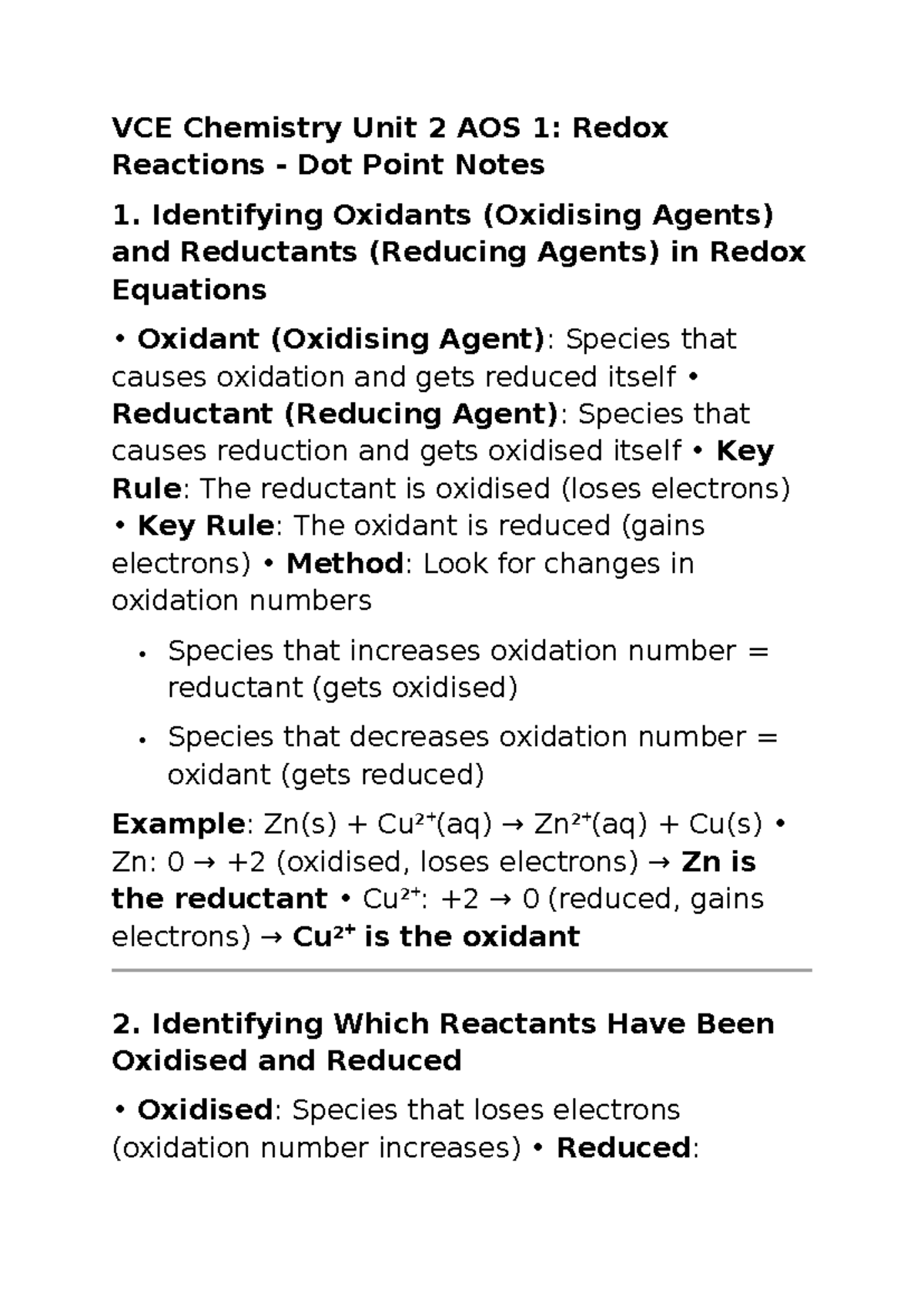 VCE Chemistry Unit 2 AOS 1: Redox Reactions Summary Notes - Studocu