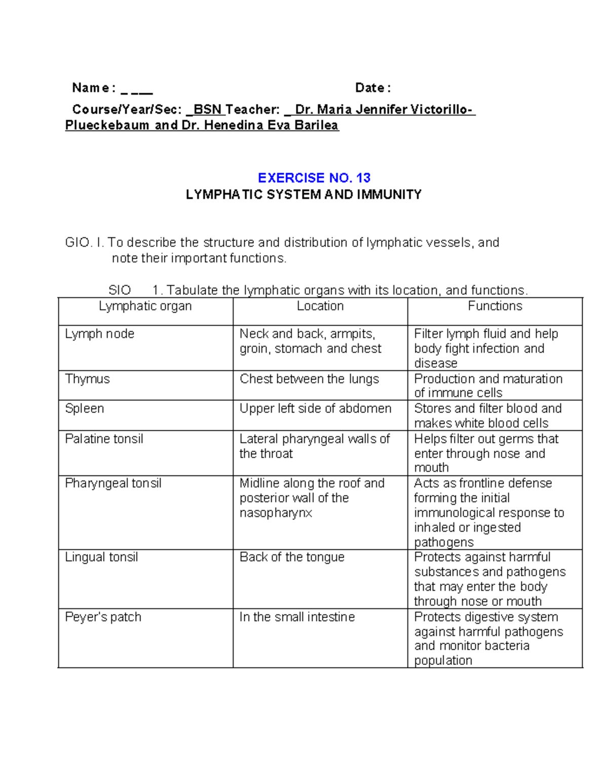 LAB Exercise on Lymphatic Immune System (BSN) - Studocu