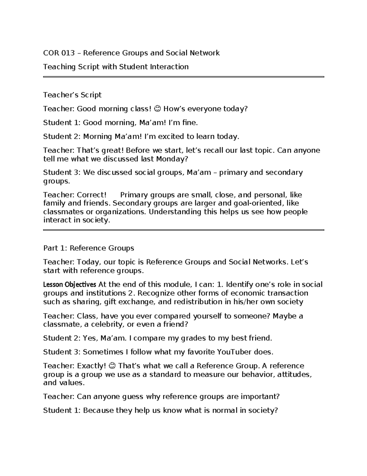 COR 013 Reference Groups & Social Networks Teaching Script - Studocu