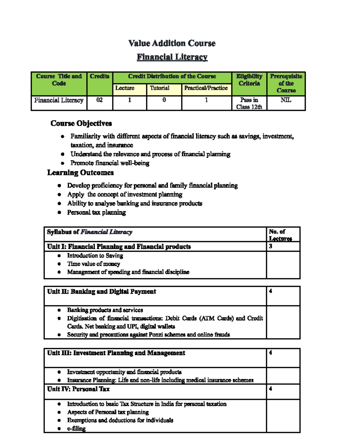 VAC Financial Literacy Course Syllabus and Overview - Studocu