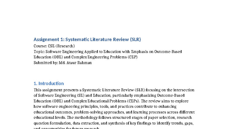 Systematic Literature Review (SLR) on Software Engineering in Education - CSE - Studocu