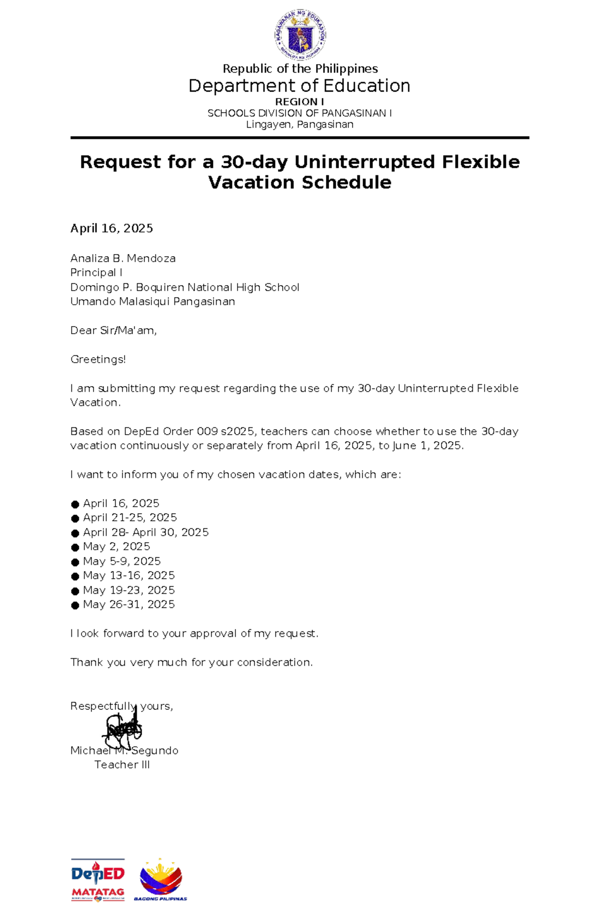 Request for 30-Day Uninterrupted Flexible Vacation - April 2025 - Studocu